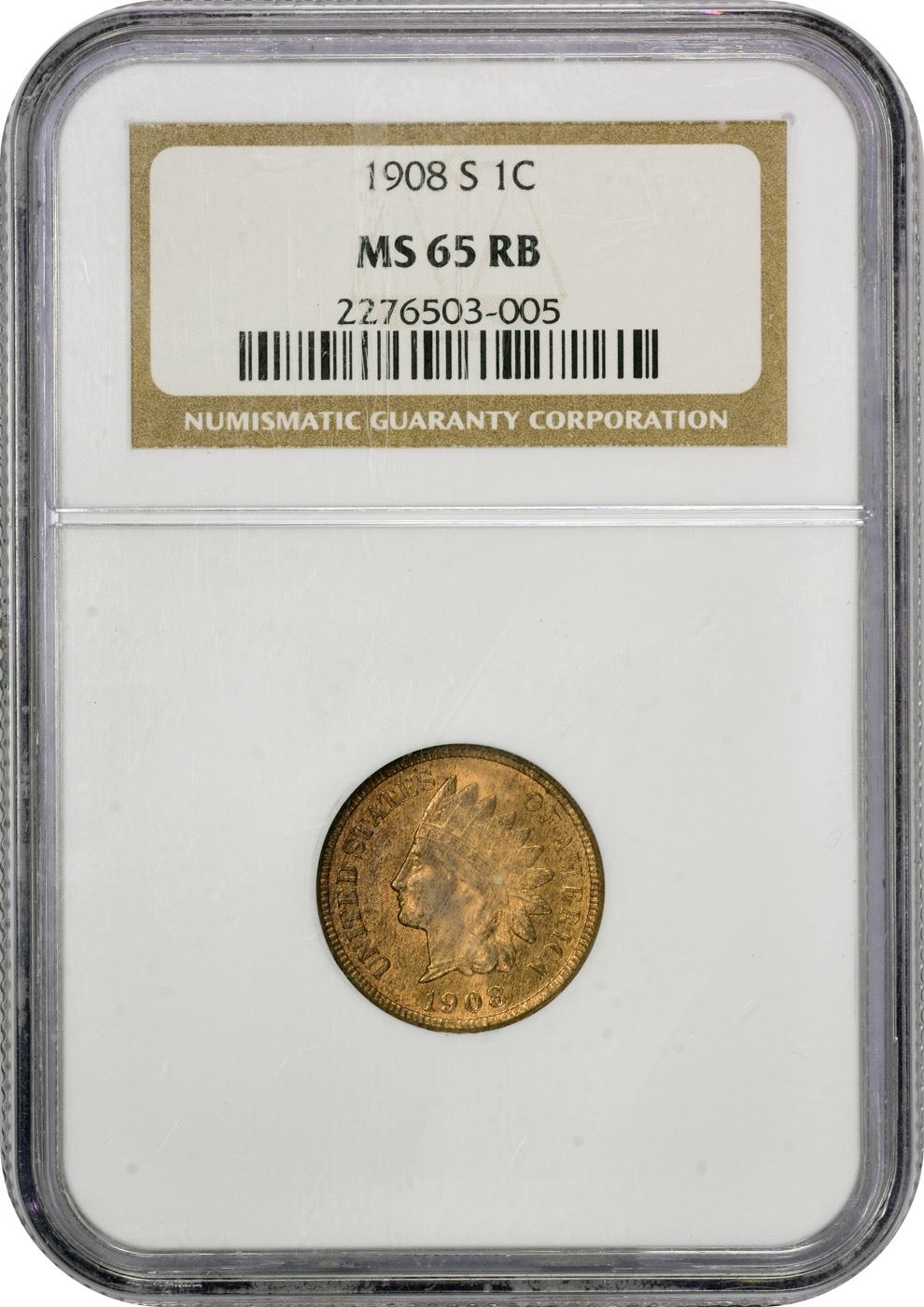 Gem RB Uncirculated 1908-S Indian Cent 1908-S Indian Cent MS-65 RB NGC.