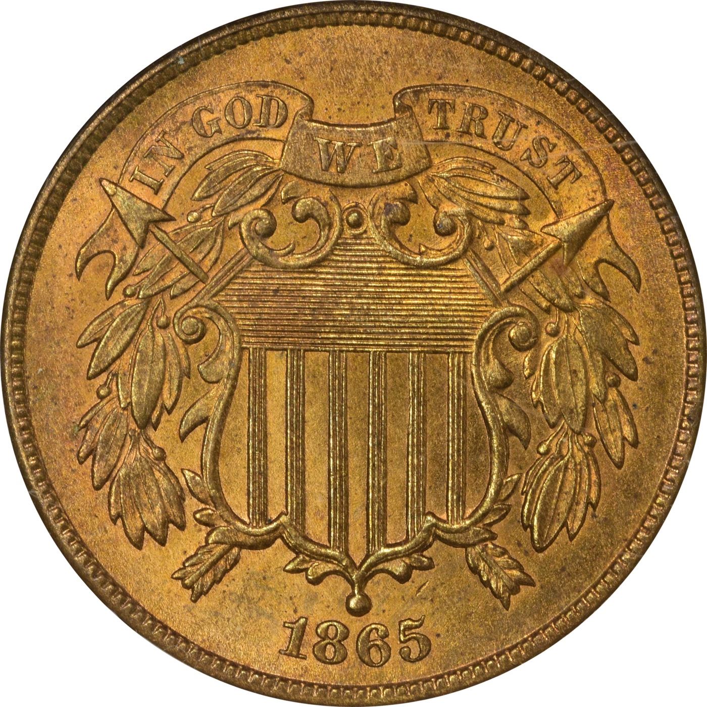 Gem RB Uncirculated 1865 Two-Cents Fancy 5 1865 Two-Cents Fancy 5. MS ...