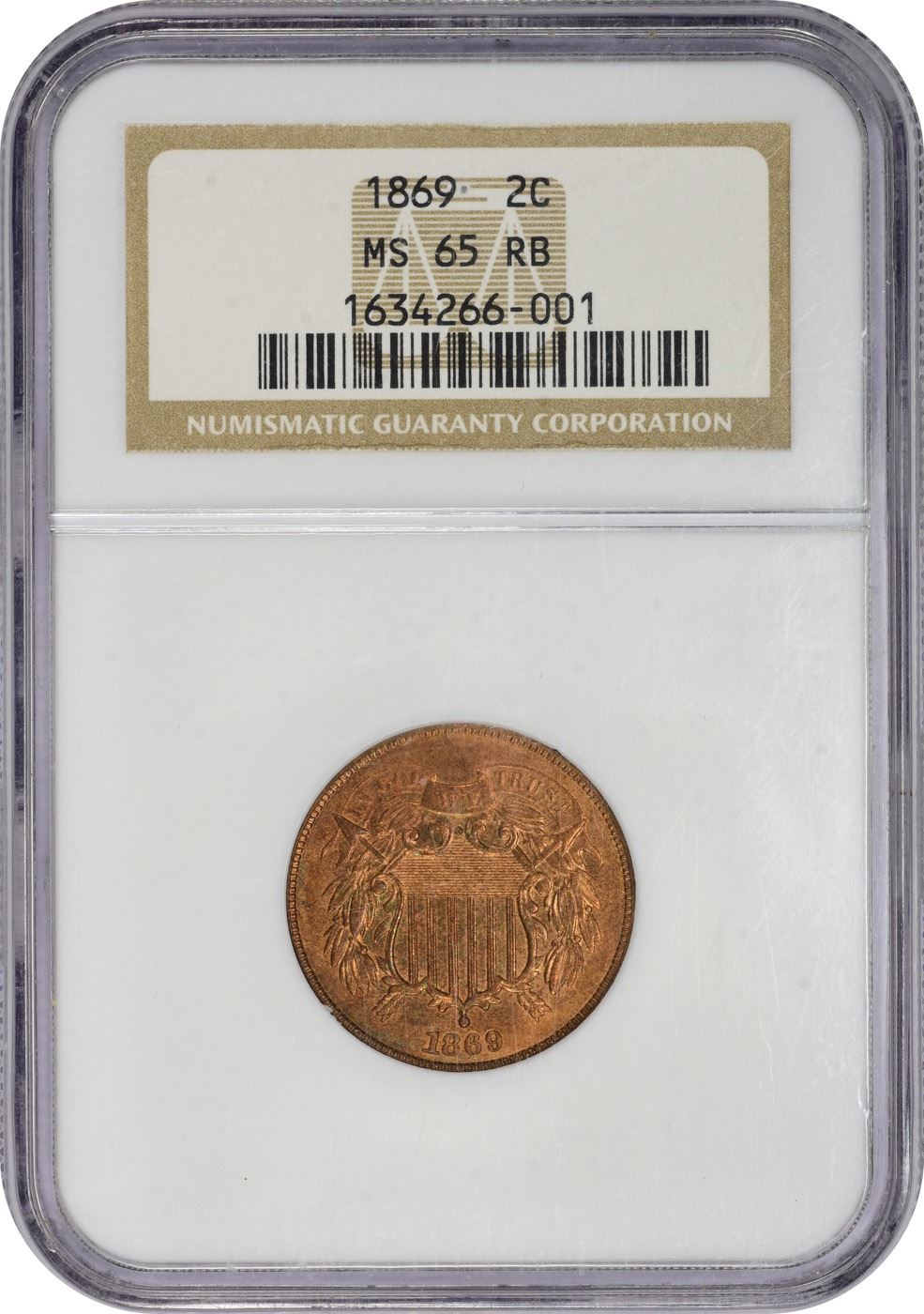 Gem Uncirculated 1869 Two-Cent Piece 1869 Two-Cents MS-65 RB NGC.