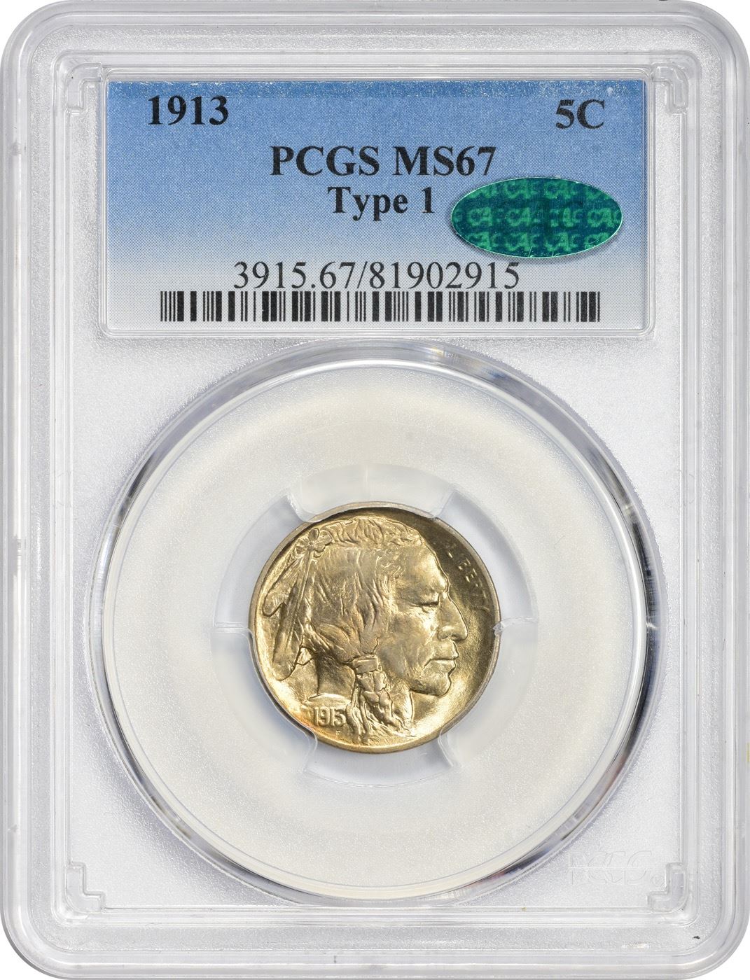 Superb Gem Uncirculated 1913 Buffalo Nickel Type I 1913 Buffalo Nickel. Type I. MS-67 PCGS. CAC.