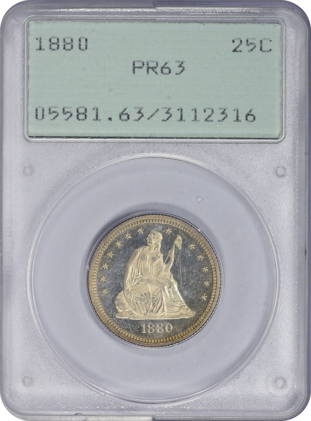 Choice Proof 1880 Quarter 1880 Quarter Proof-63 PCGS. OGH.