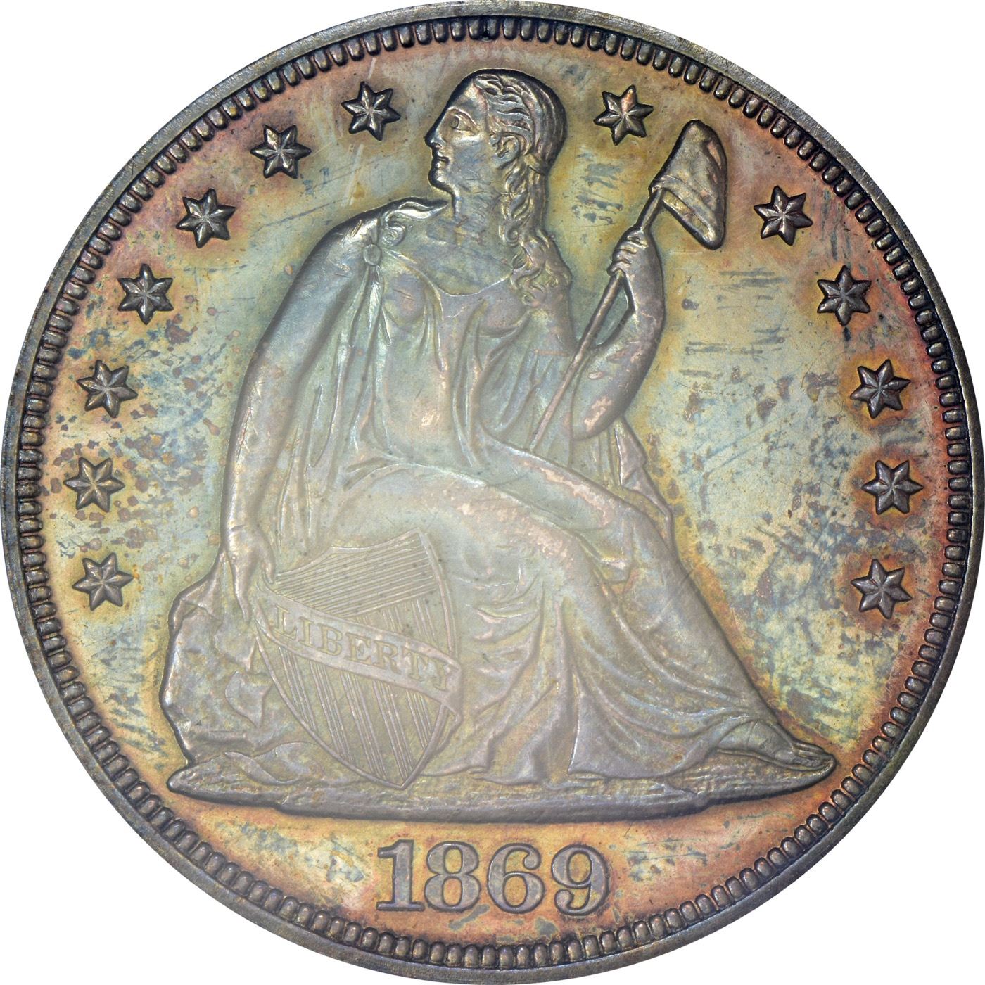Colorful Proof 1869 Liberty Seated $1 1869 Dollar Proof-62 PCGS.