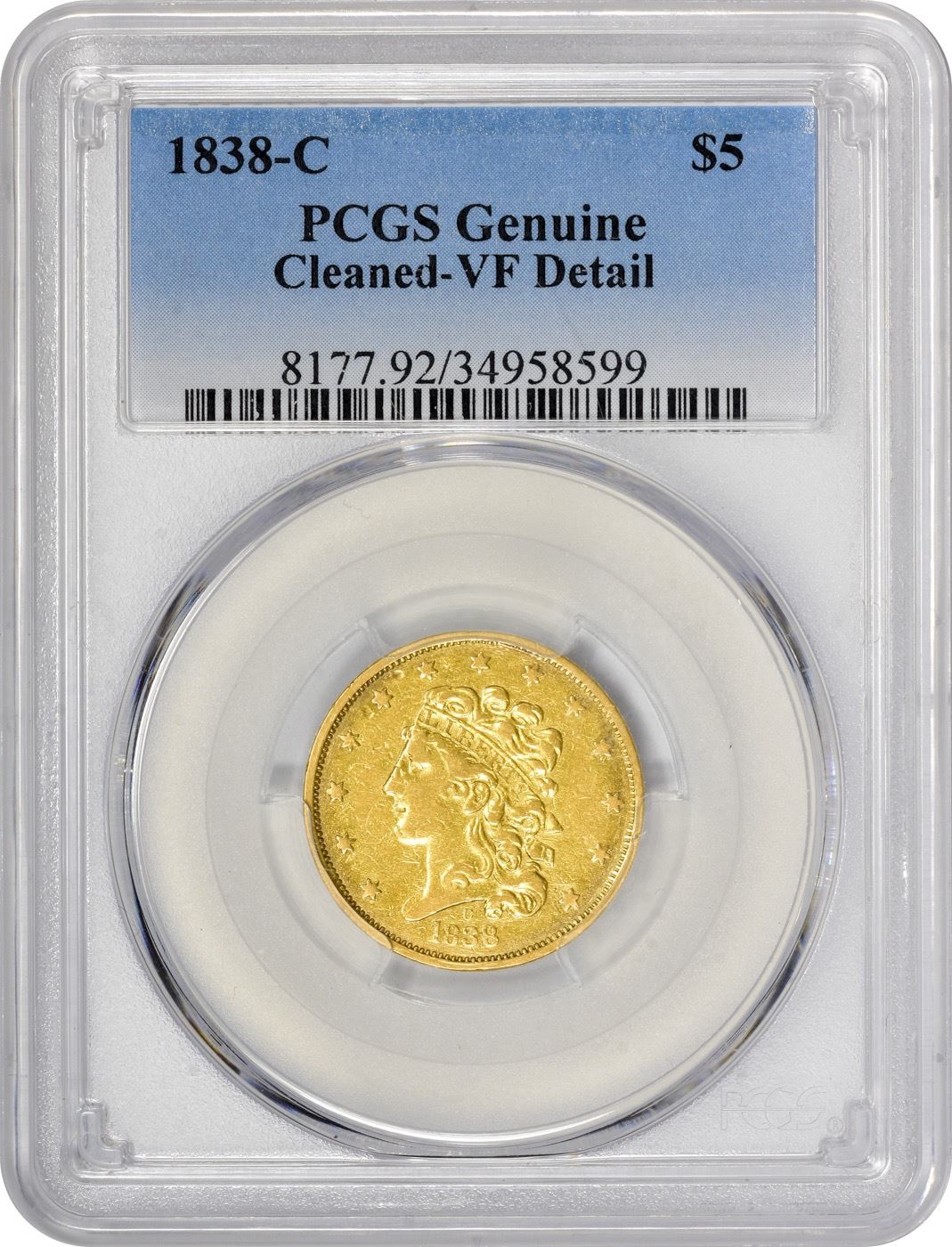 VF Detail 1838-C $5 1838-C Half Eagle Winter 1 (1-A). Genuine – Cleaned ...