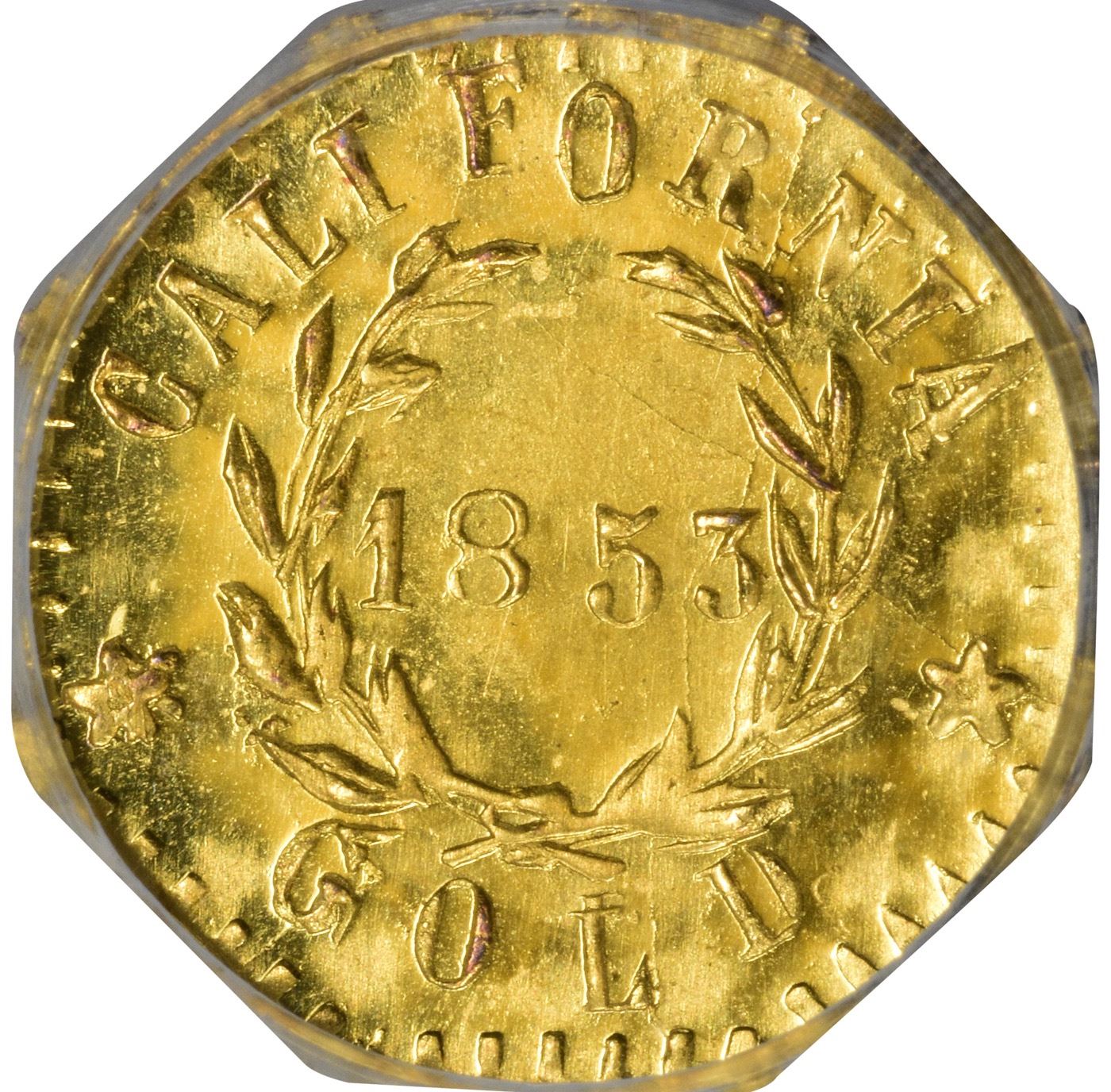Gem PL 1853-Dated California Gold Token “1853” Octagonal Quarter-Sized ...