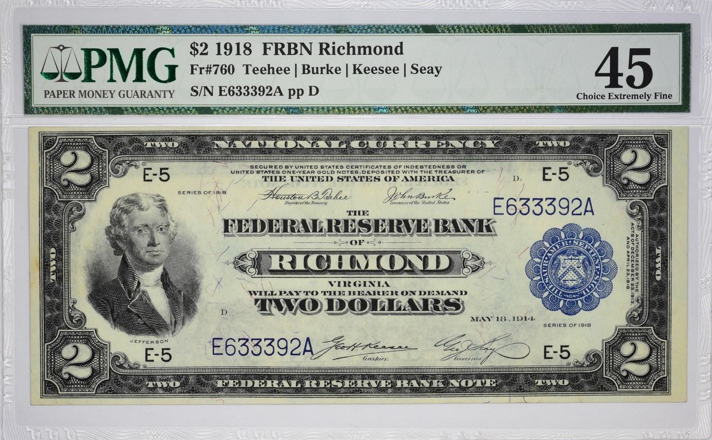 Fr. 760. 1918 $2 Federal Reserve Bank Note. Richmond. PMG Choice ...