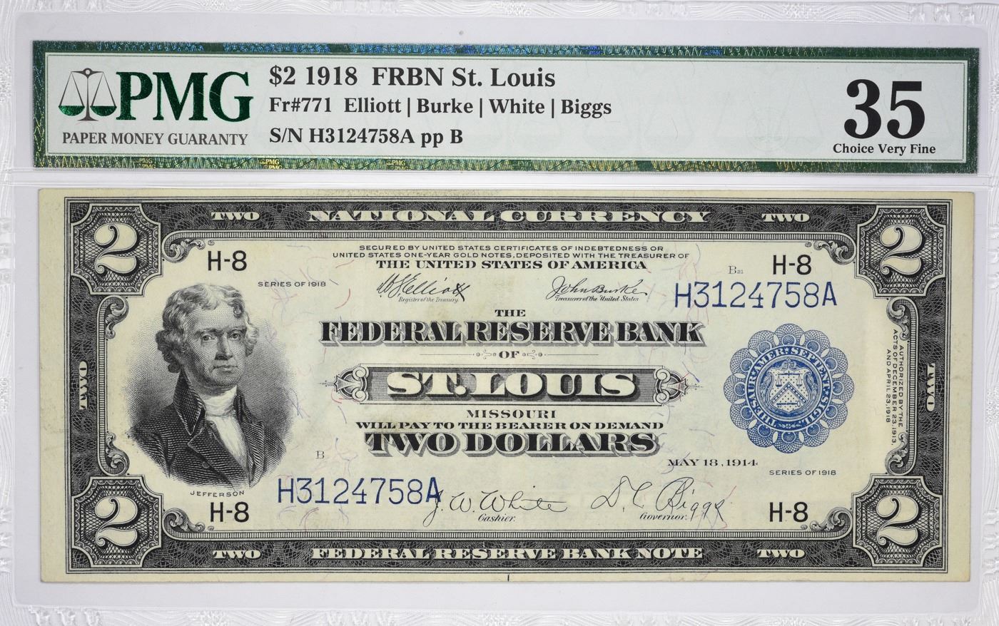Fr. 771. 1918 $2 Federal Reserve Bank Note. St. Louis. PMG Choice Very ...