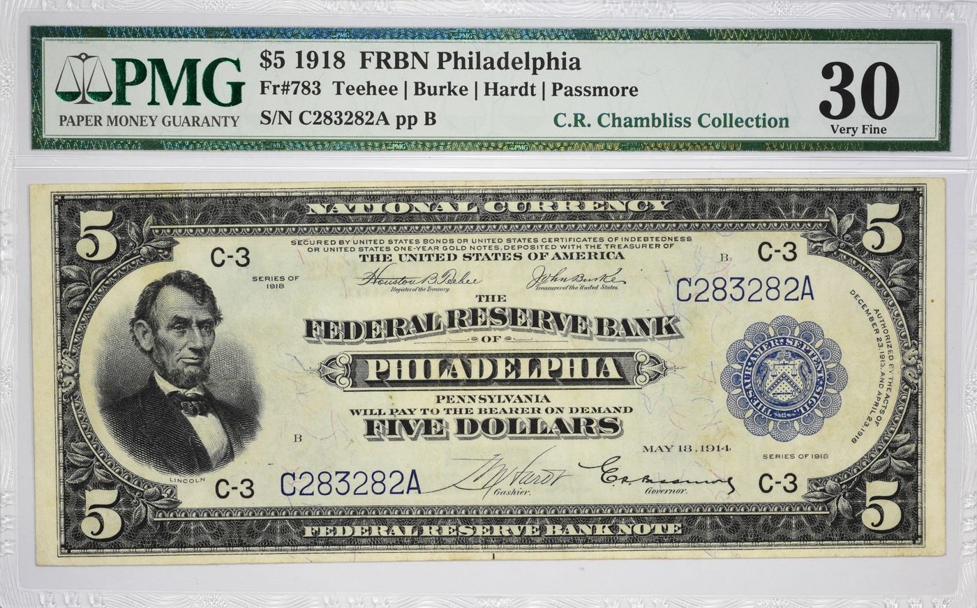 Fr. 783.1918 $5 Federal Reserve Bank Note. Philadelphia. PMG Very Fine 30.