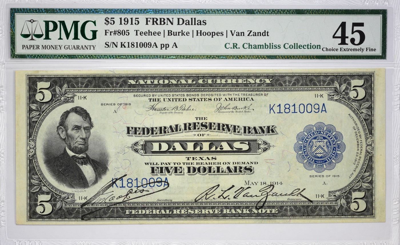 Rare Dallas $5 Federal Reserve Bank Notes Fr. 805. 1915 $5 Federal ...