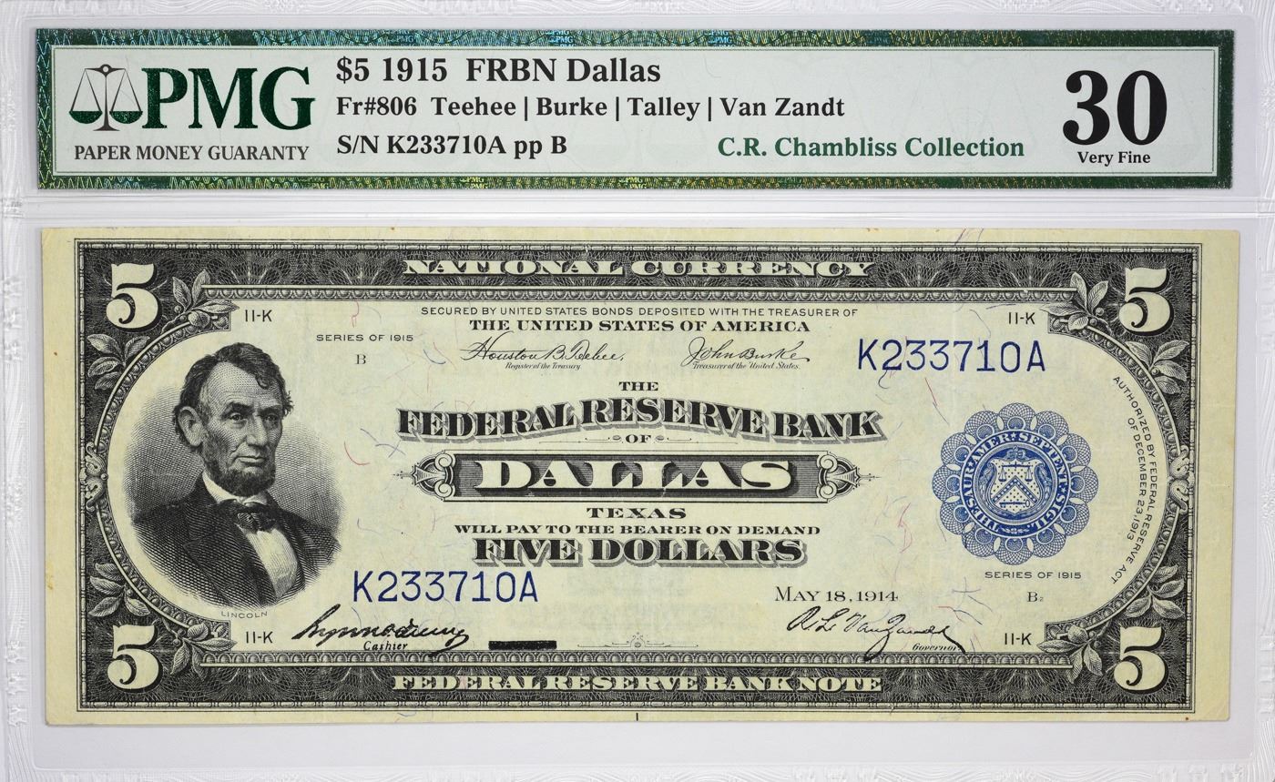 Fr. 806. 1915 $5 Federal Reserve Bank Note. Dallas. PMG Very Fine 30.