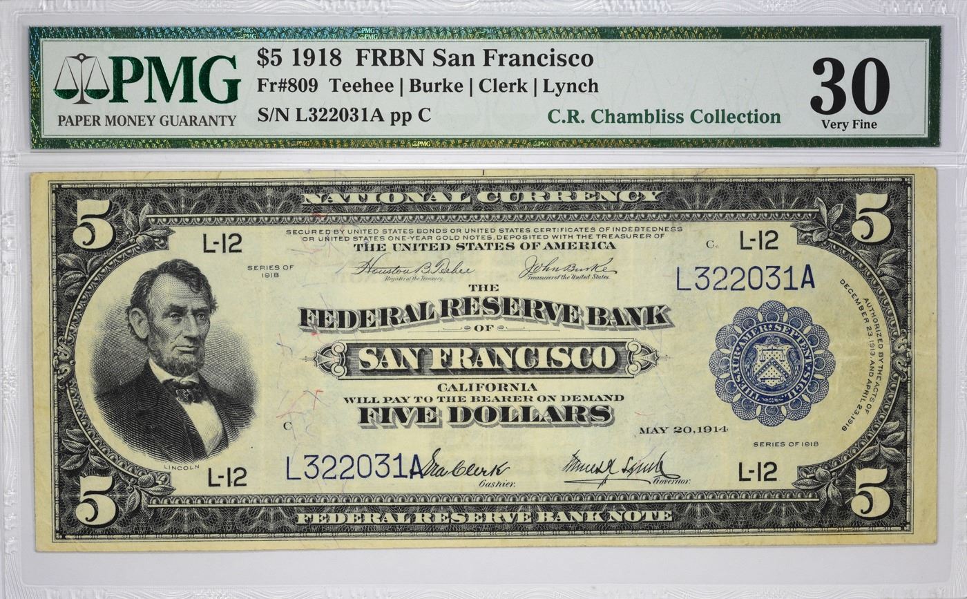Fr. 809. 1918 $5 Federal Reserve Bank Note. San Francisco. PMG Very ...