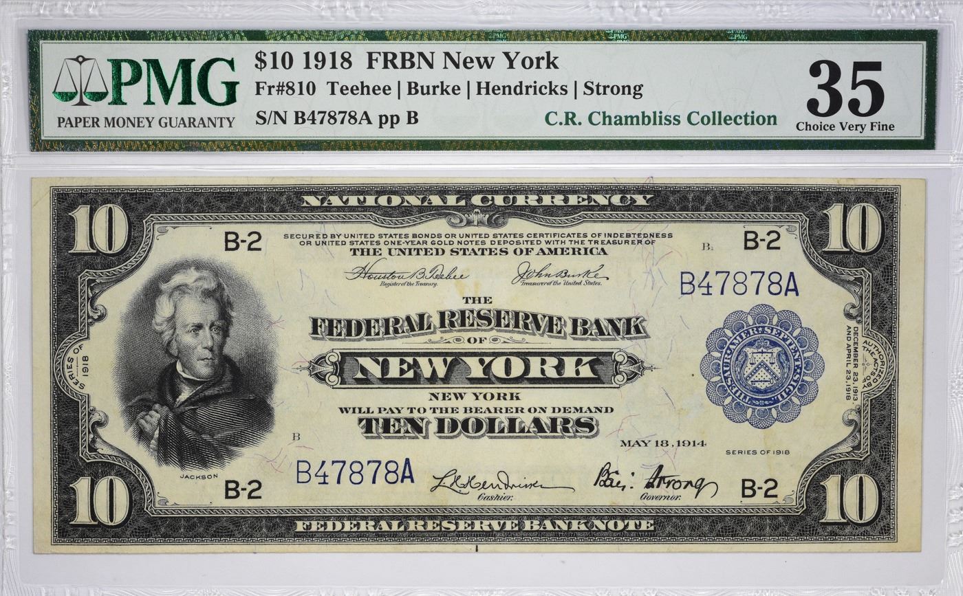 Fr. 810. 1918 $10 Federal Reserve Bank Note. New York. PMG Choice Very ...