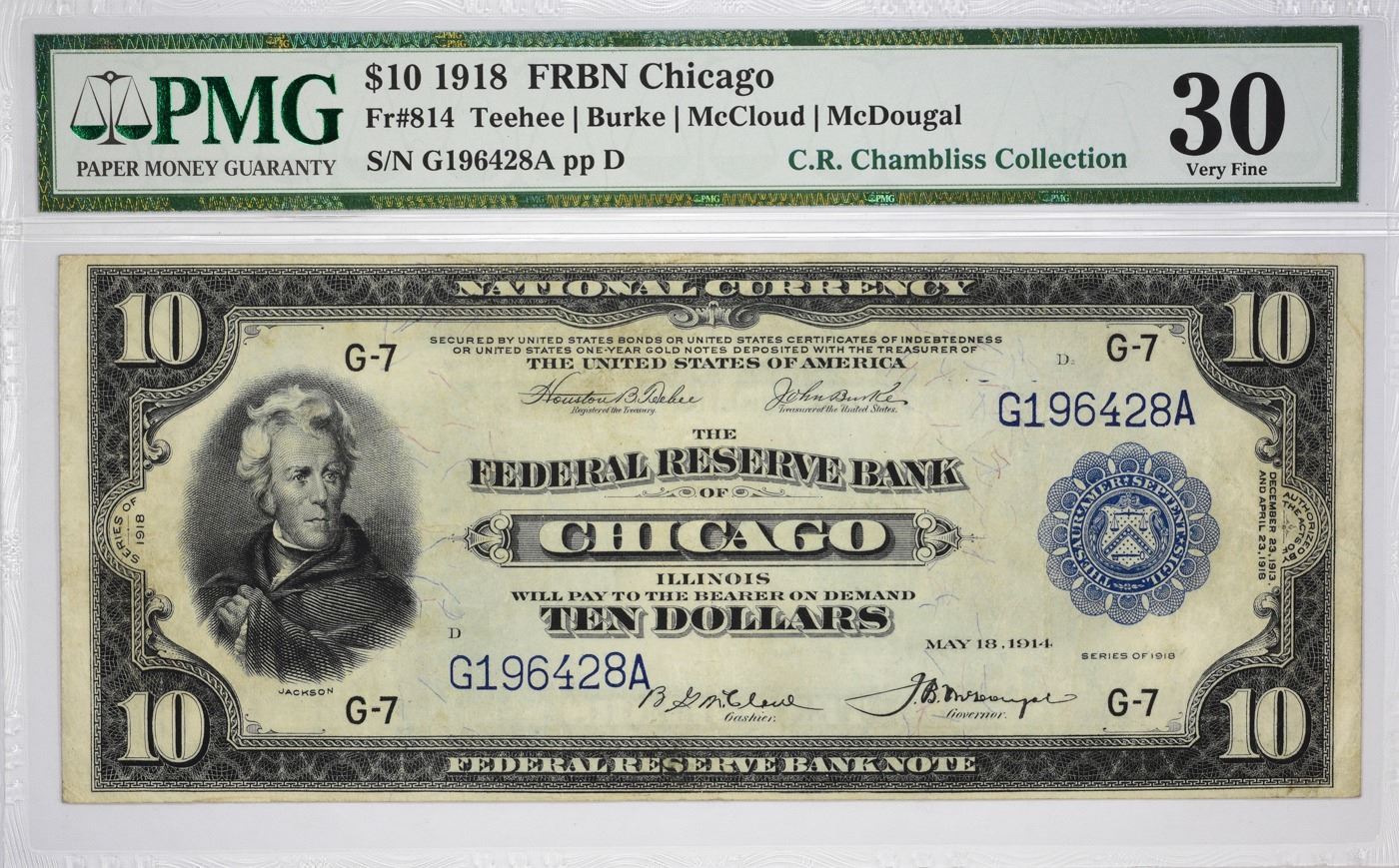 Fr. 814. 1918 $10 Federal Reserve Bank Note. Chicago. PMG Very Fine 30.