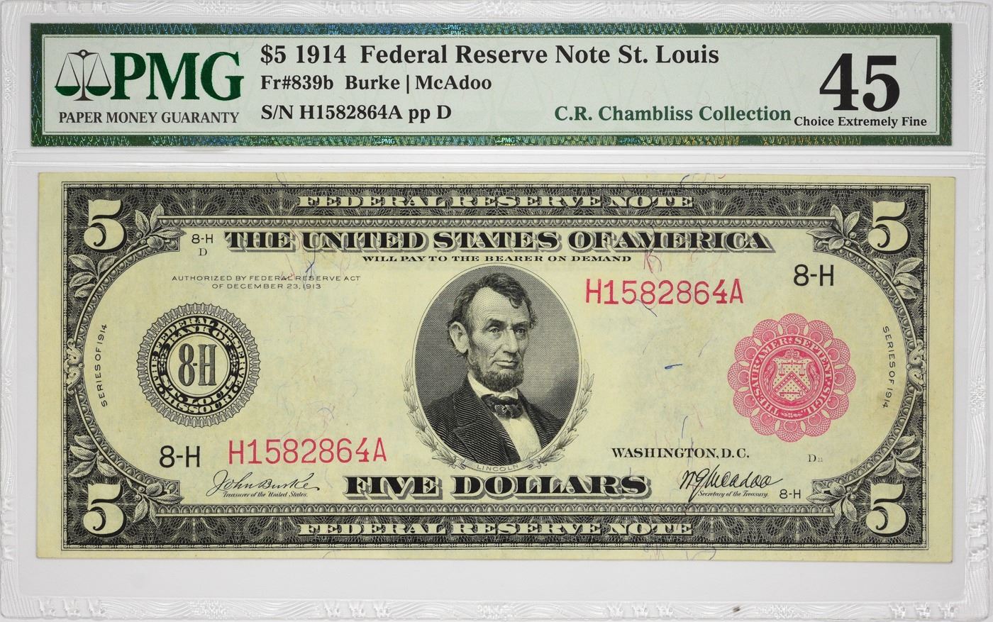 Fr. 839b. 1914 $5 Federal Reserve Note. Red Seal. St. Louis. PMG Choice ...