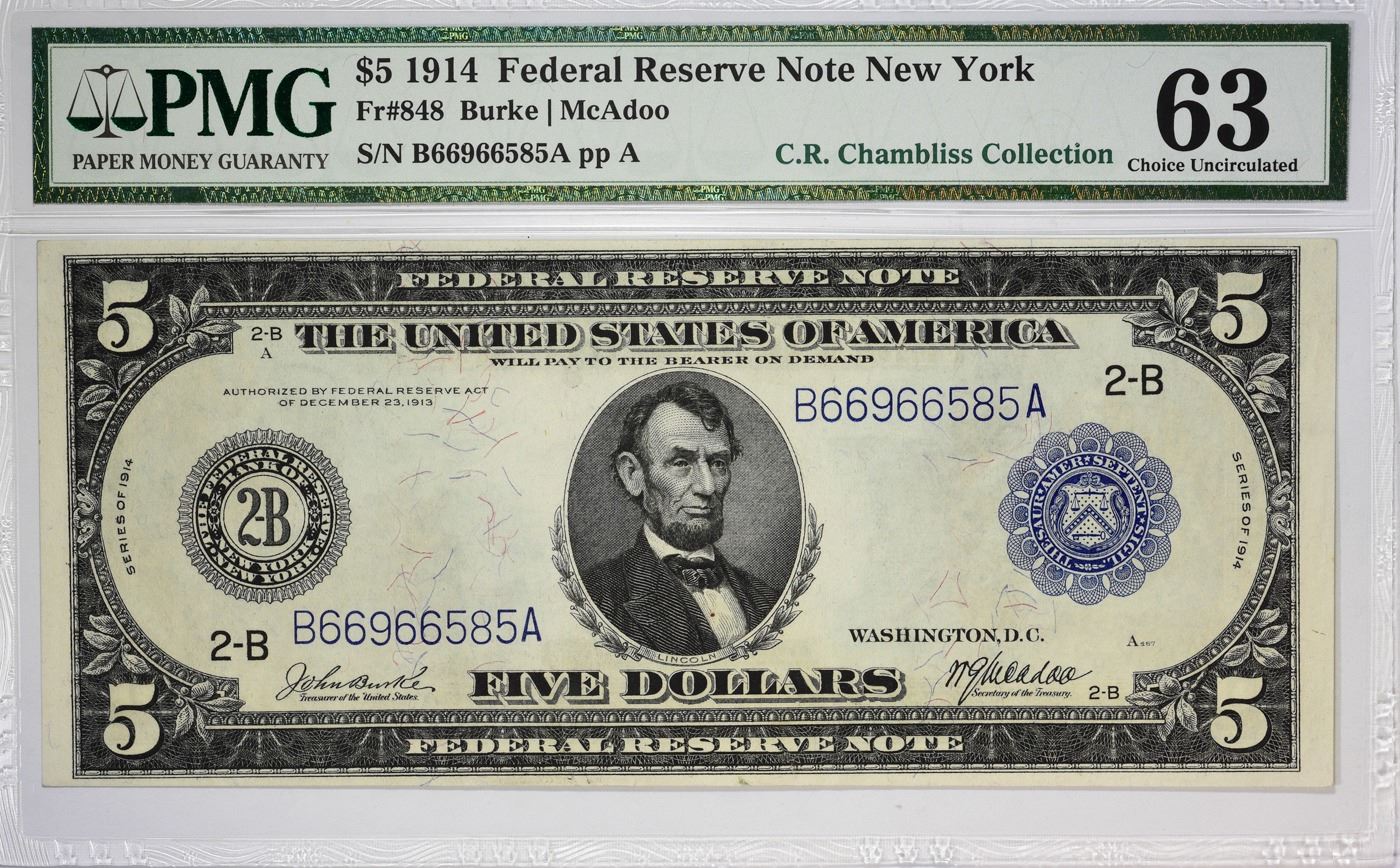 Fr. 848. 1914 $5 Federal Reserve Note. Blue Seal. New York. PMG Choice ...