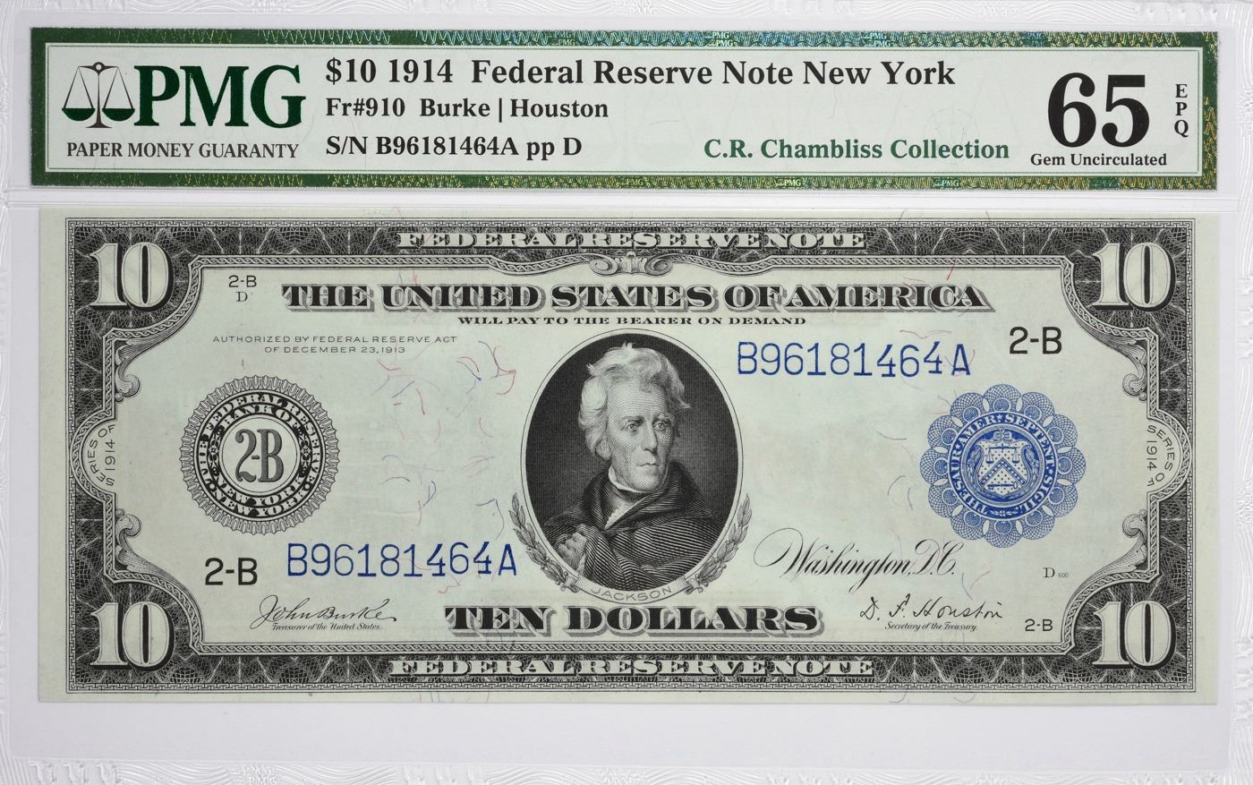 Fr. 910. 1914 $10 Federal Reserve Note. Blue Seal. New York. PMG Gem Uncirculated 65 EPQ.