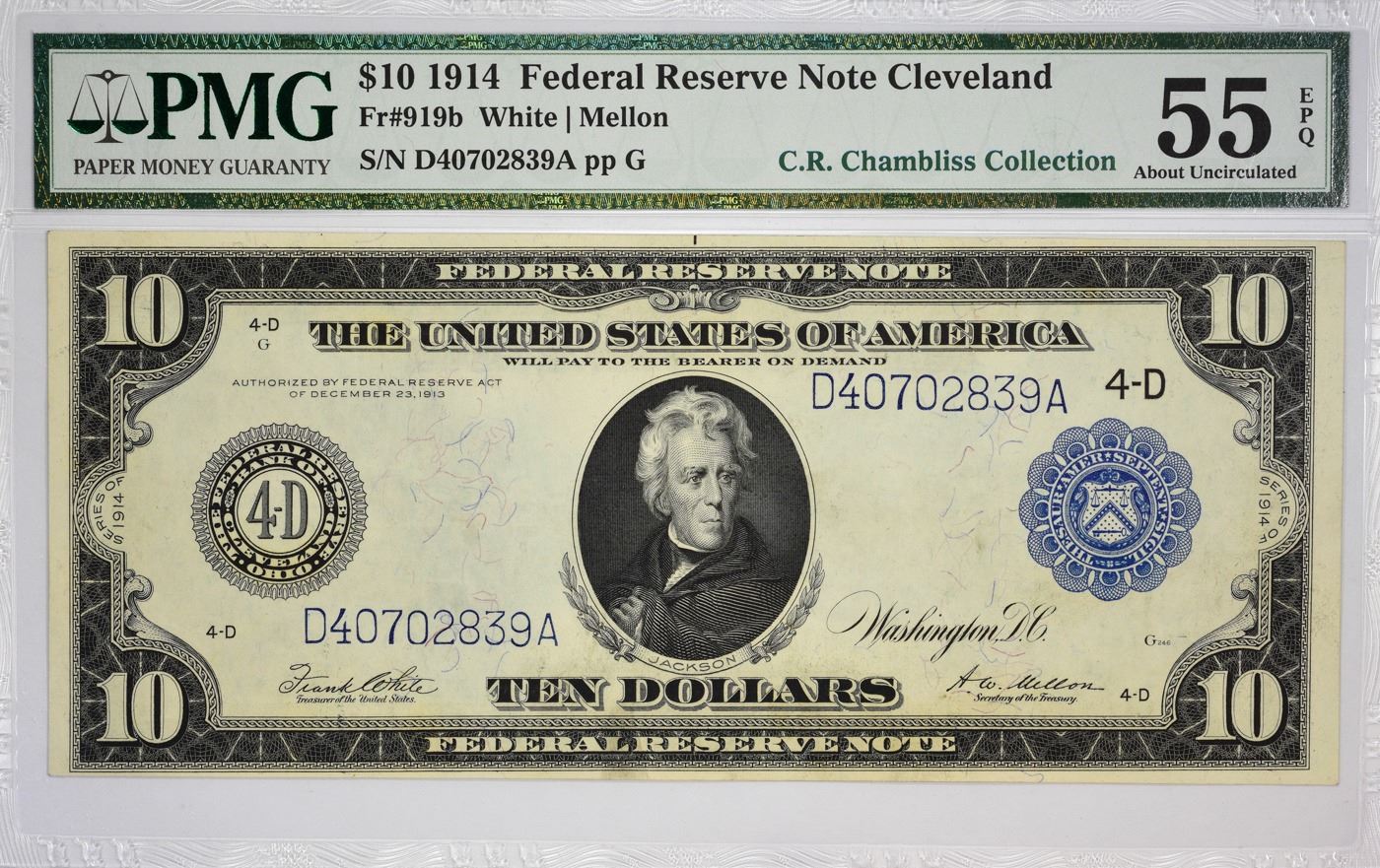 Fr. 919b. 1914 $10 Federal Reserve Note. Blue Seal. Cleveland. PMG About Uncirculated 55 EPQ.
