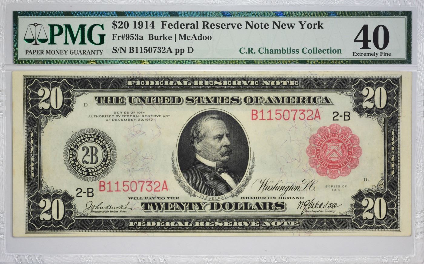 Fr. 953a. 1914 $20 Federal Reserve Note. Red Seal. New York. PMG Extremely Fine 40.
