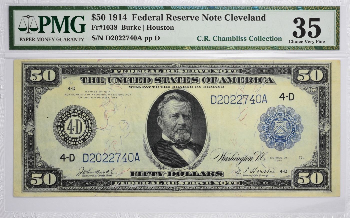 Fr. 1038. 1914 $50 Federal Reserve Note. Blue Seal. Cleveland. PMG Choice Very Fine 35.