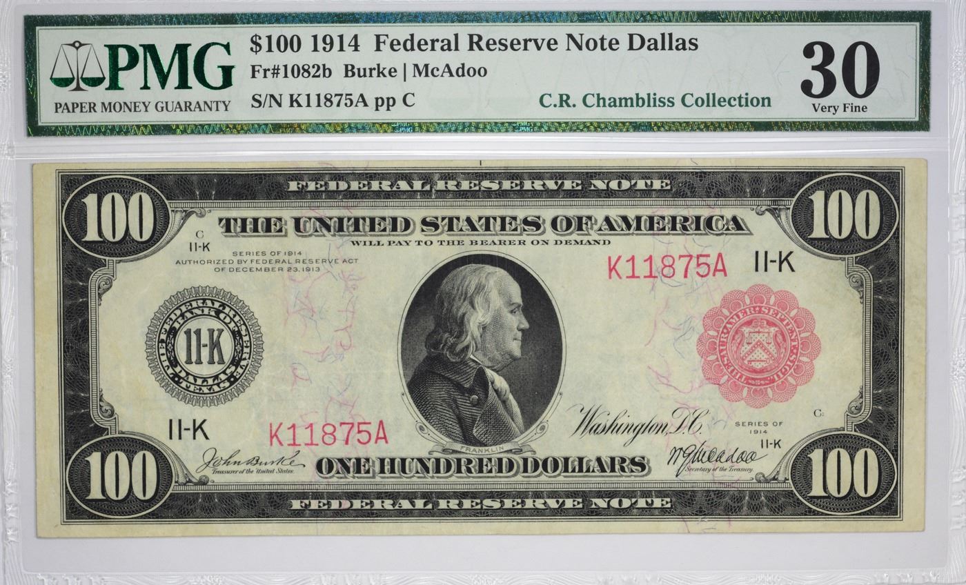 Highly Rare Dallas 1914 $100 Federal Reserve Note