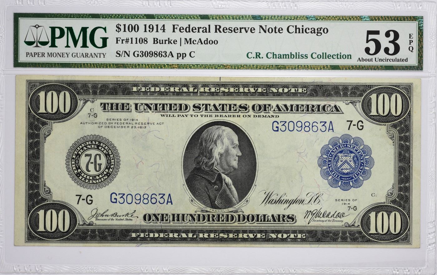 Fr. 1108. 1914 $100 Federal Reserve Note. Blue Seal. Chicago. PMG About ...