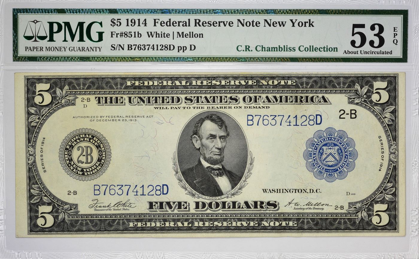 Lot of (3) 1914 $5 Federal Reserve Notes. Blue Seals. PMG Graded. Three ...