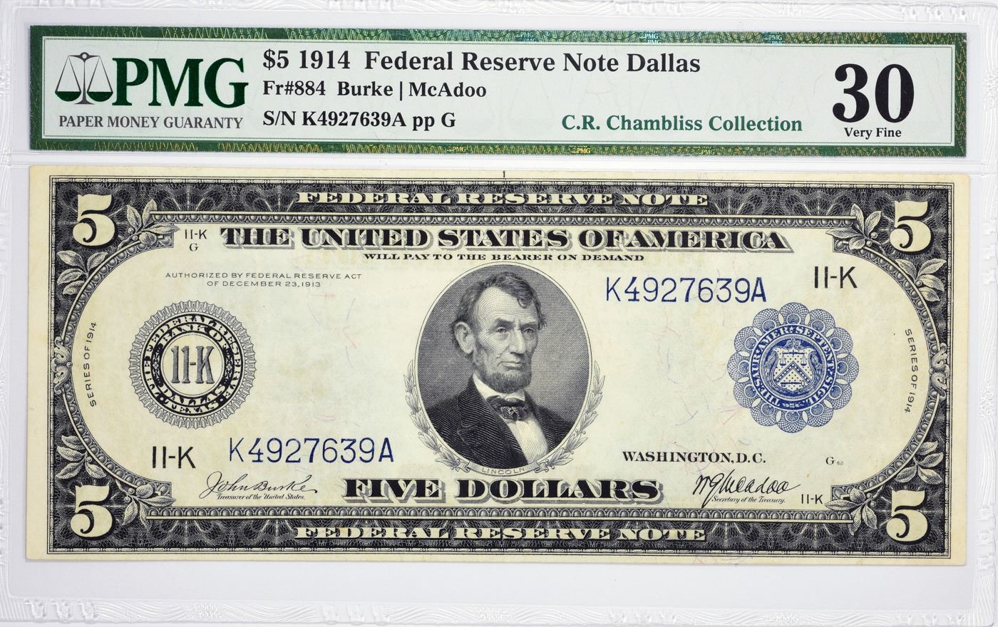 Lot of (5) 1914 $5 Federal Reserve Notes. Blue Seals. PMG. Graded. All ...