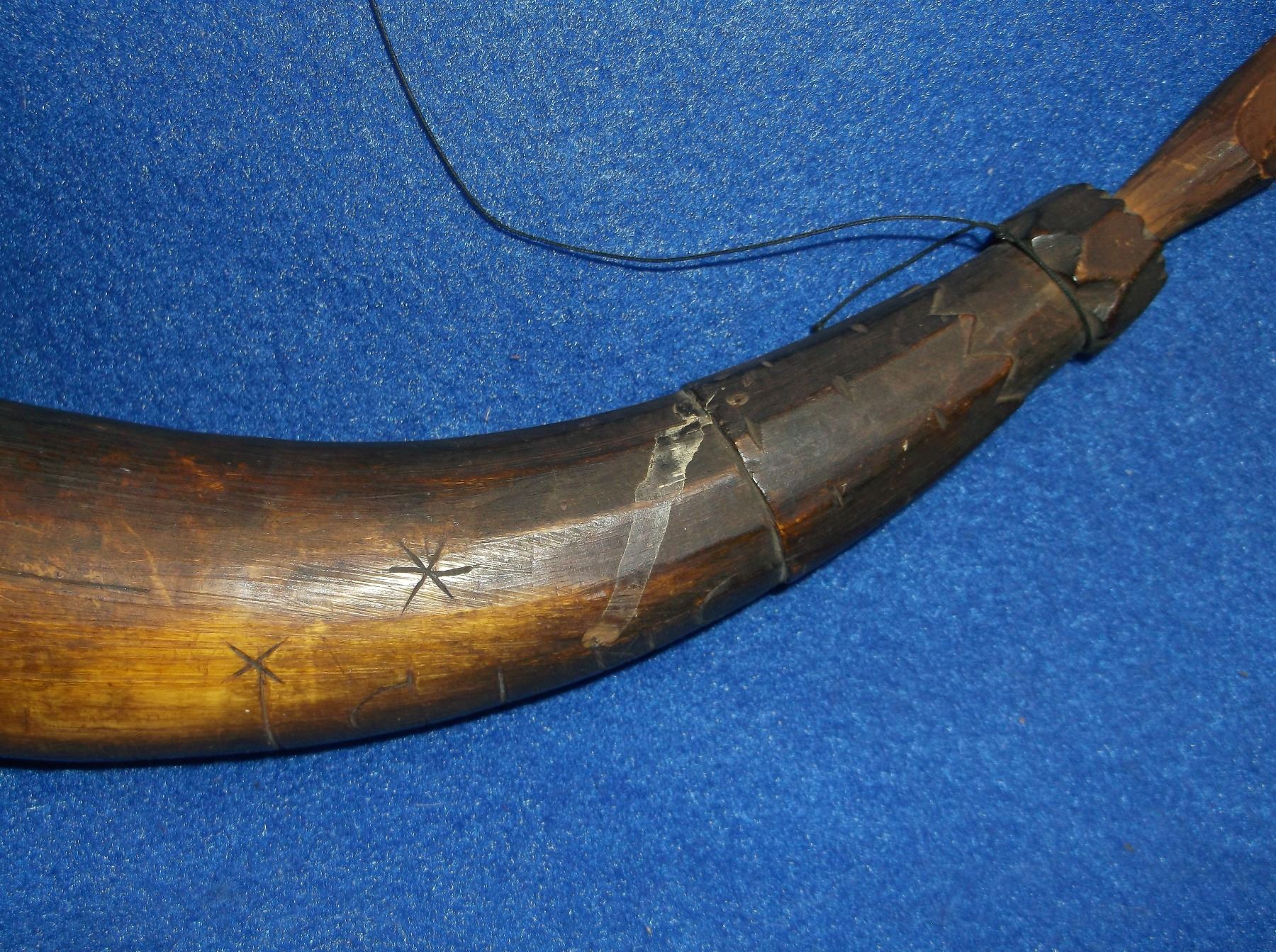 1800's Powder Horn- Carved Indian Motiff 12"L