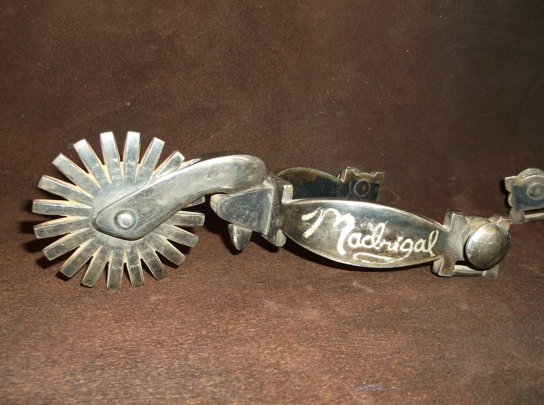 Marked Madrigal- Silver Inlaid Spurs- Stamped 2012- Drop Shank- 20 ...