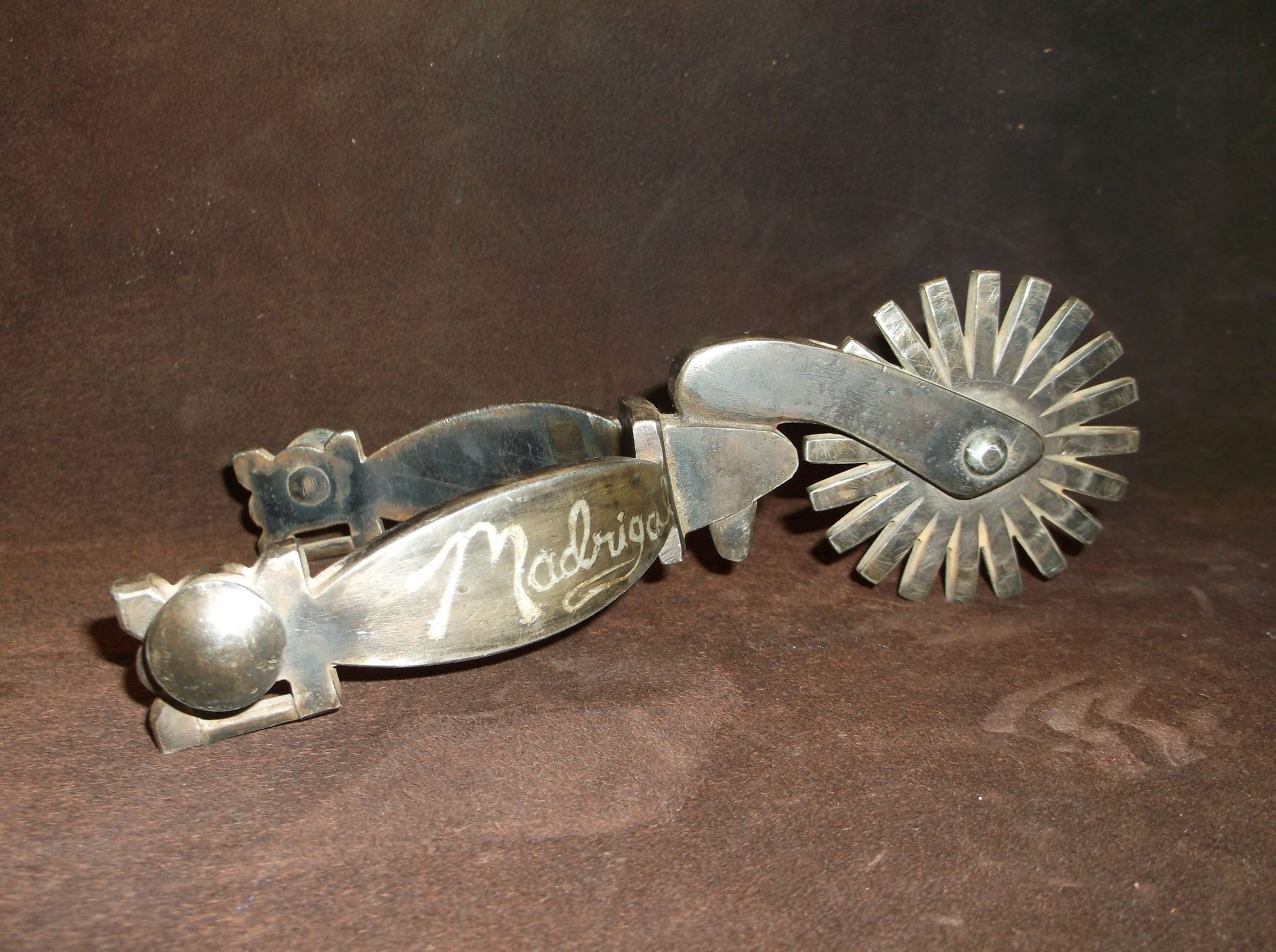 Marked Madrigal- Silver Inlaid Spurs- Stamped 2012- Drop Shank- 20 ...