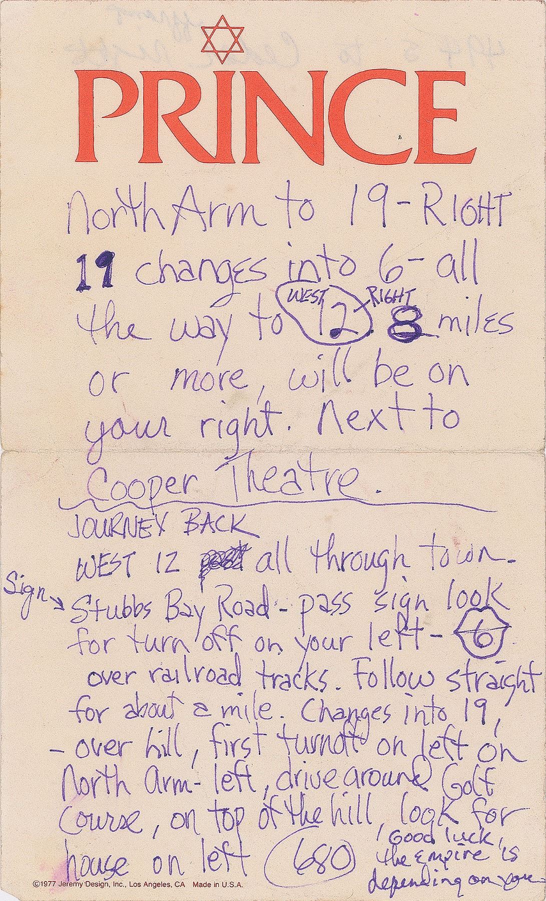 Prince Handwritten Notes on Personal Letterhead