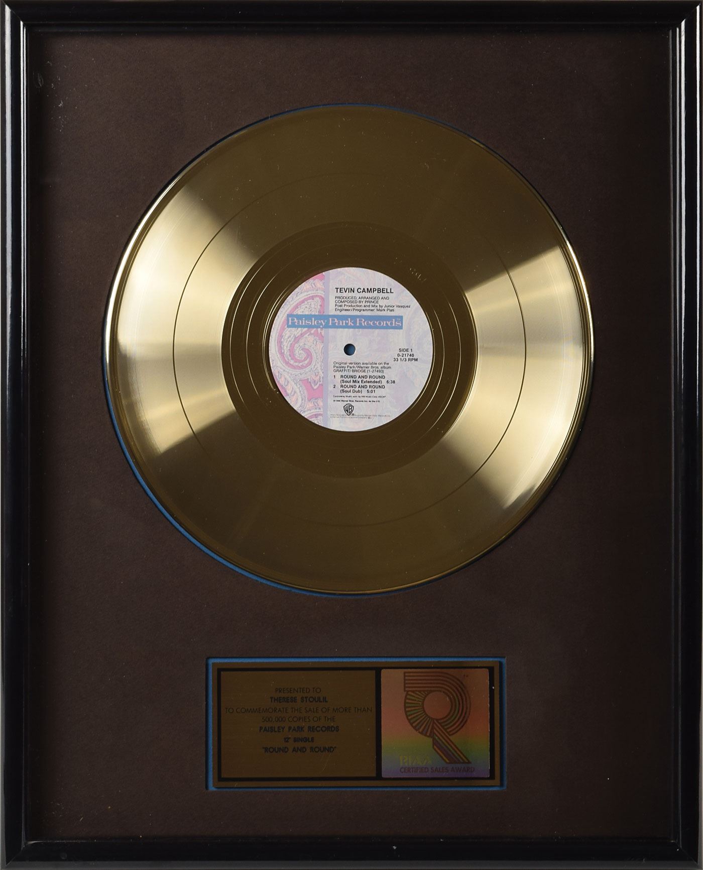 Prince Handwritten Note and Gold Sales Award