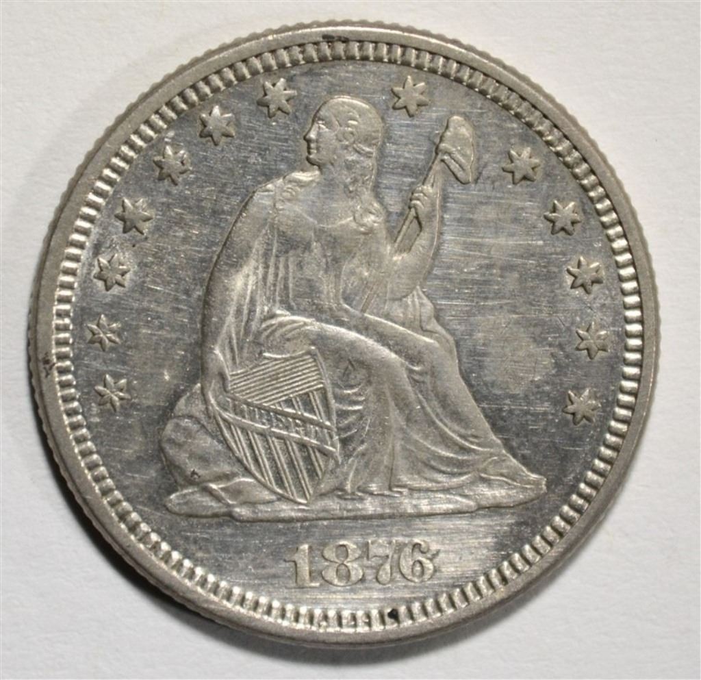 1876 SEATED LIBERTY QUARTER, CH BU SEMI PL