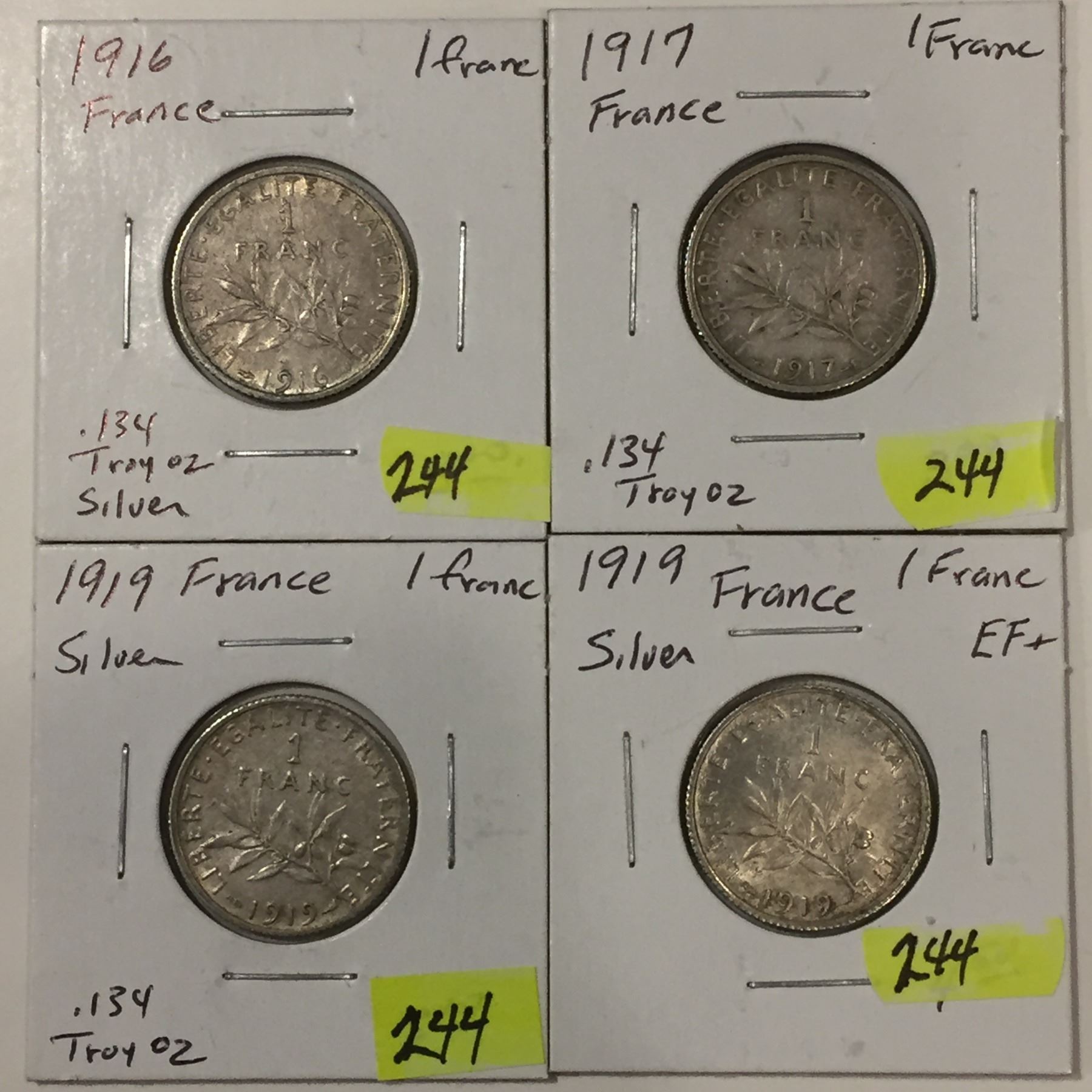 4 France Silver 1 Franc Coins - 1916, 1917, 1919 (2)
