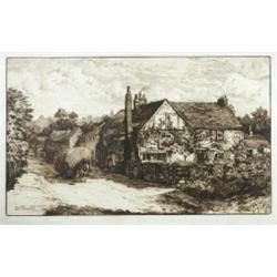 Edward Slocombe (1850-1915) Rural street scene with hay cart etching ...