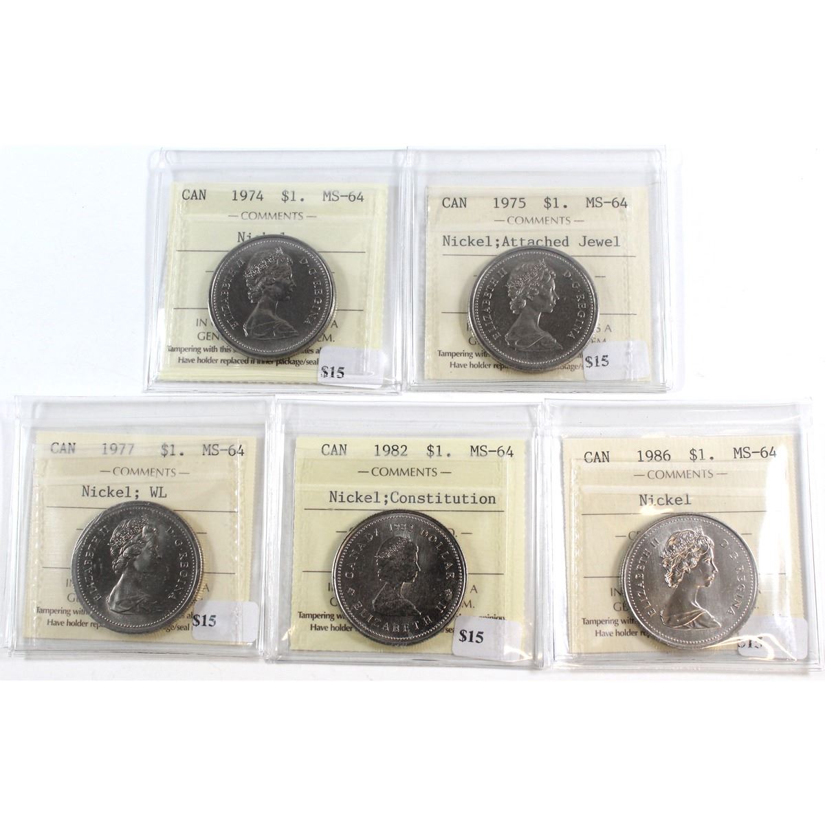 Lot of 1974-1986 Canada Nickel Dollars ICCS Certified MS-64. You will ...