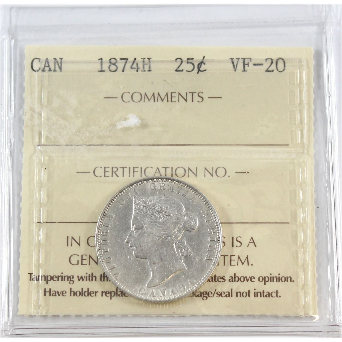 1874H Canada 25-cent ICCS Certified VF-20