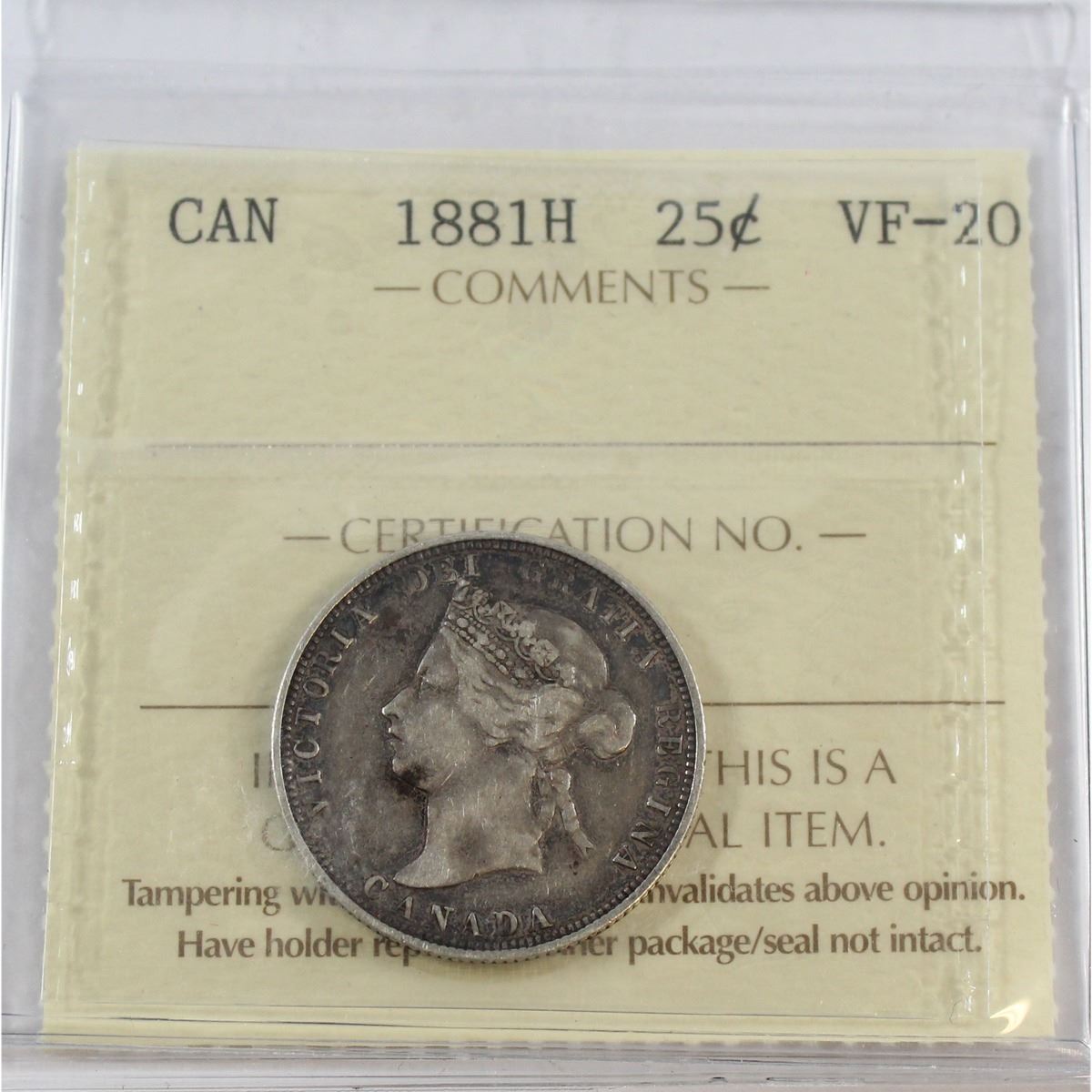 1881H Canada 25-cent ICCS Certified VF-20