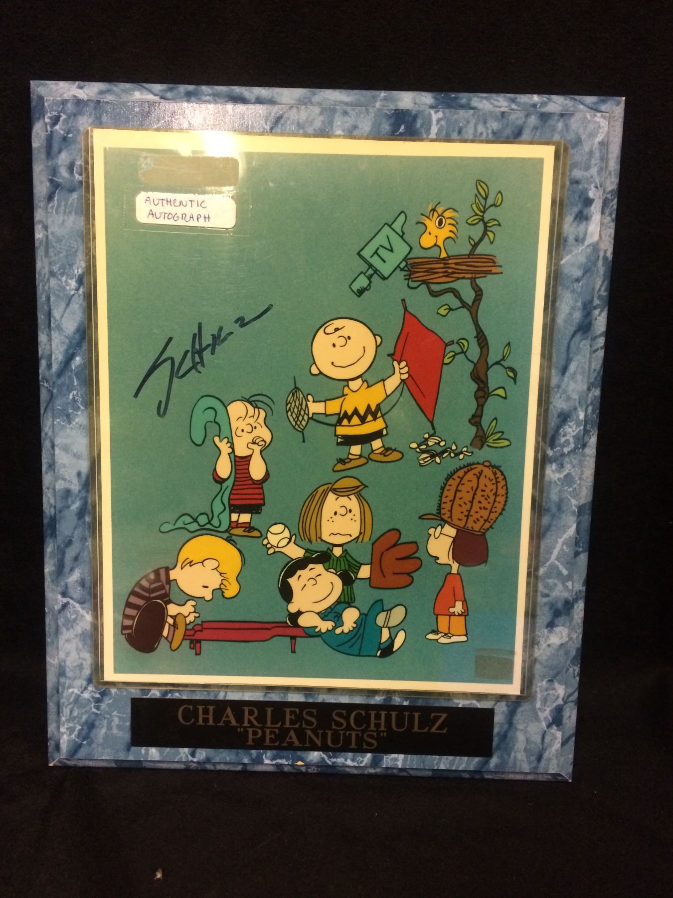 CHARLES SCHULTZ AUTOGRAPHED PEANUTS PLAQUED 8" X 10" W/ COA