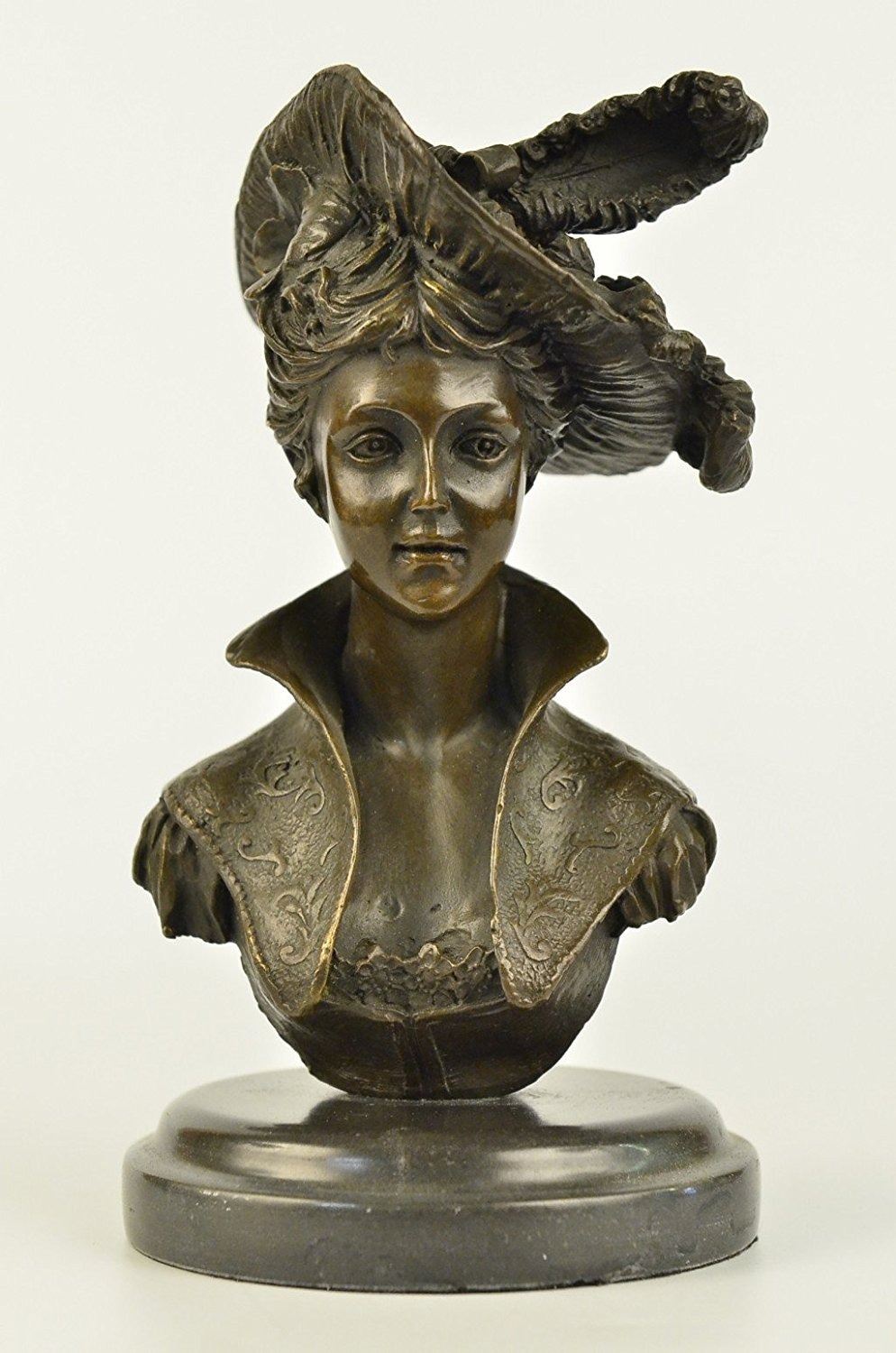 Girl Bust Lady Bronze Sculpture on Marble Base Statue