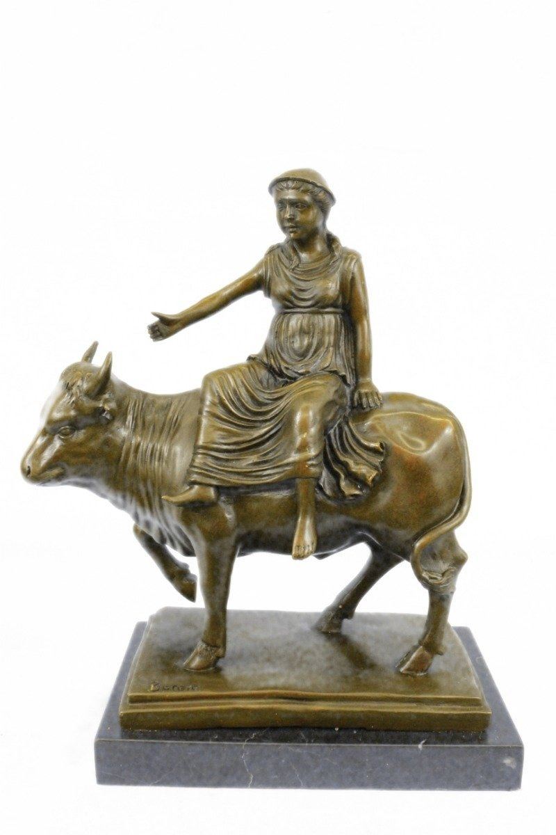 Young Woman Rides a Bull Bronze Statue on Marble Base Sculpture