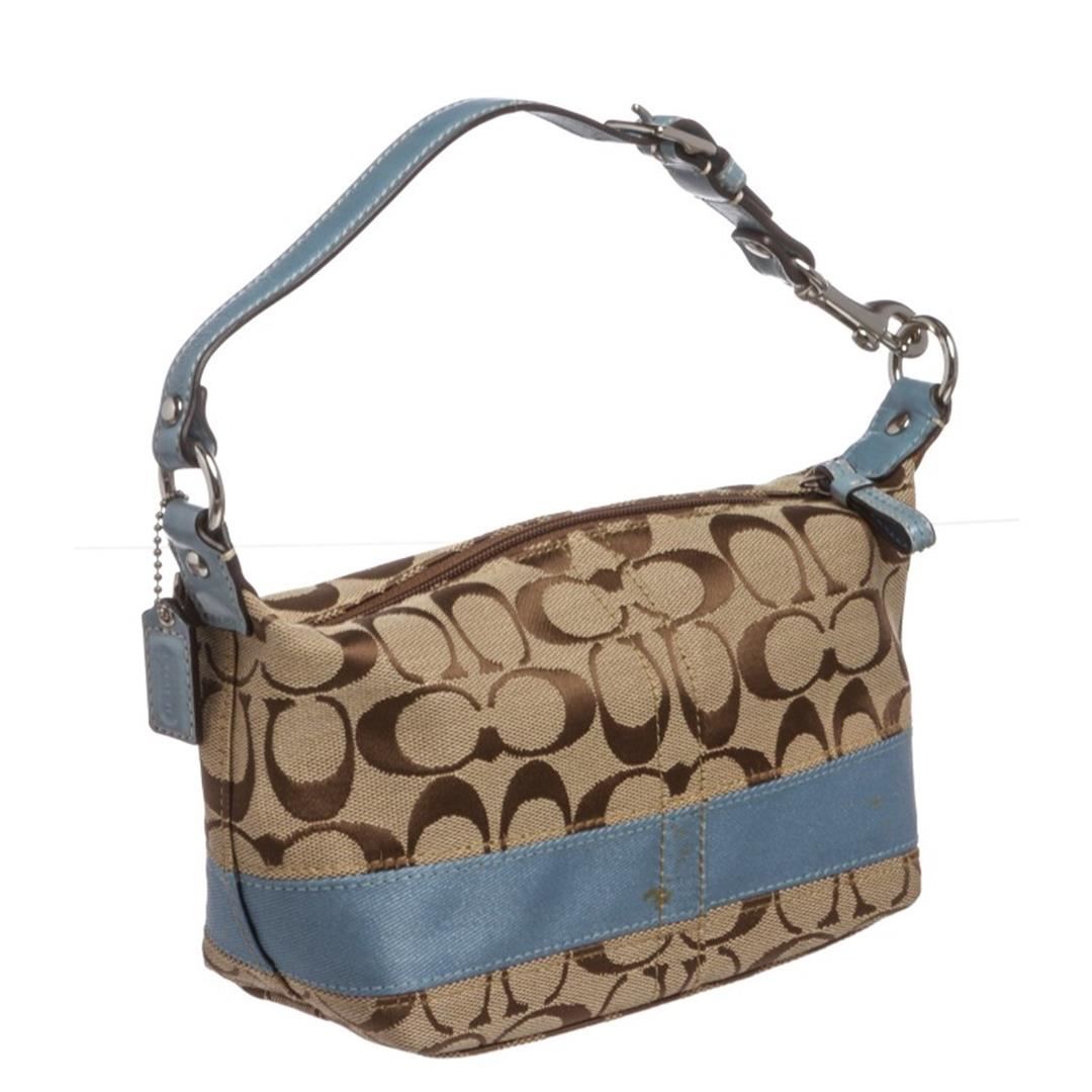 Coach Beige Canvas Monogram Blue Leather Trim Mini Baguette Bag