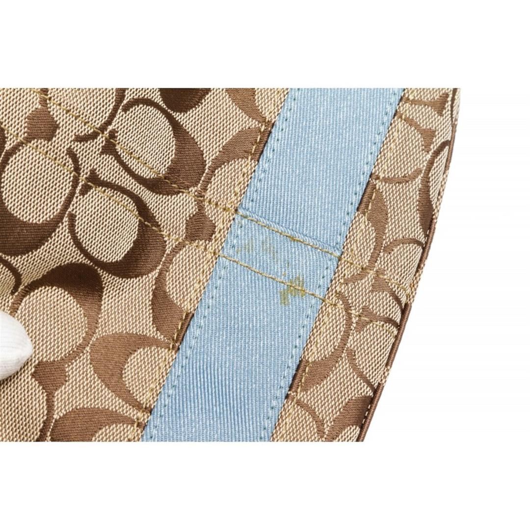 Coach Beige Canvas Monogram Blue Leather Trim Mini Baguette Bag