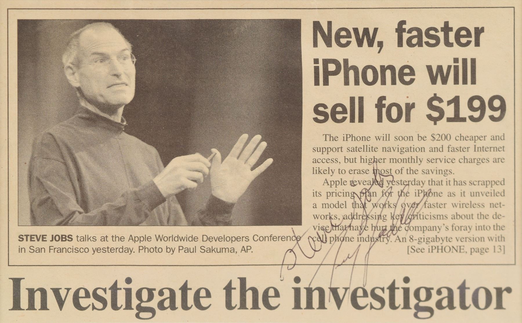 Steve Jobs Signed Newspaper Article