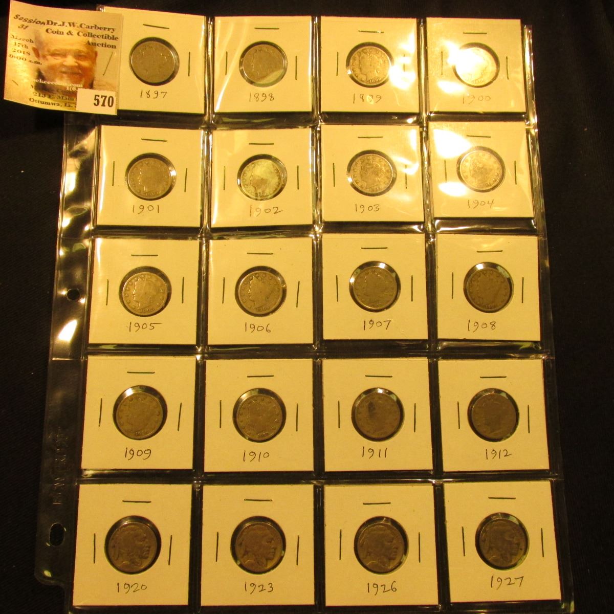 20-Pocket plastic page with (16) Liberty & (4) Buffalo Nickels. All ...