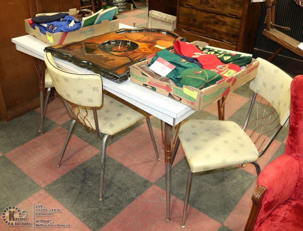VINTAGE ARBORITE TABLE WITH LEAF AND 3 CHAIRS