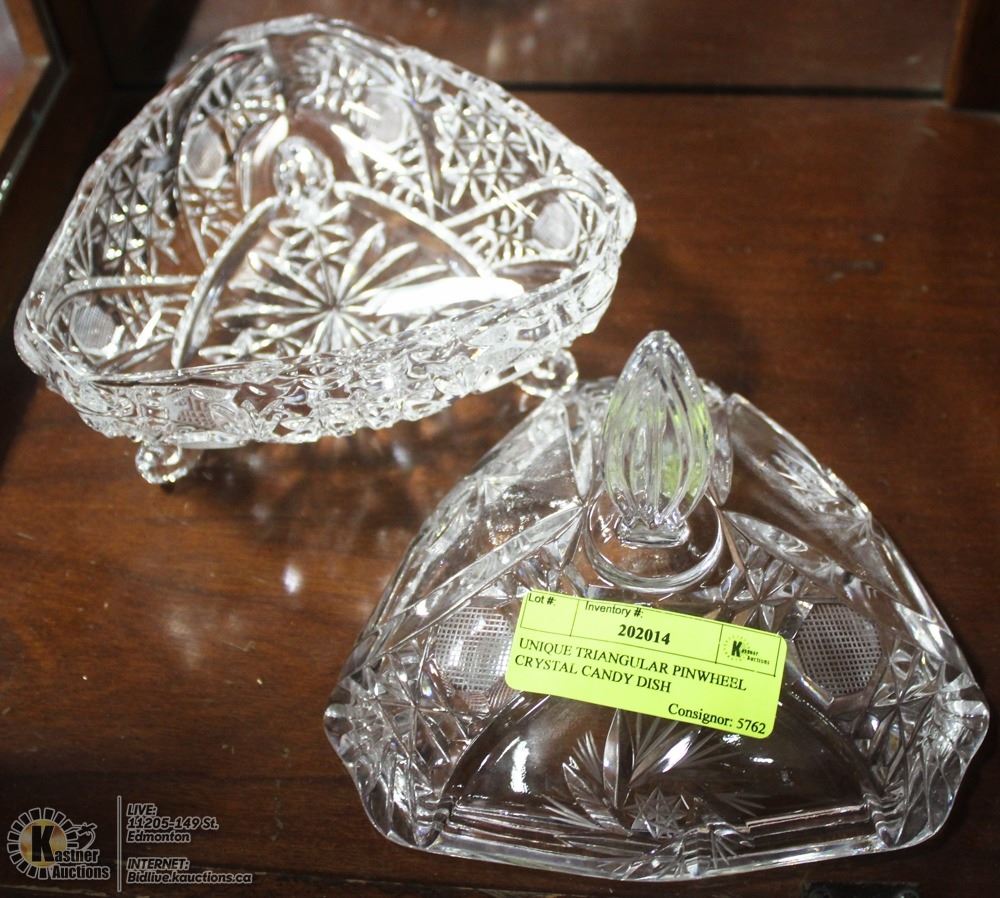 RARE TRIANGULAR PINWHEEL CRYSTAL CANDY DISH