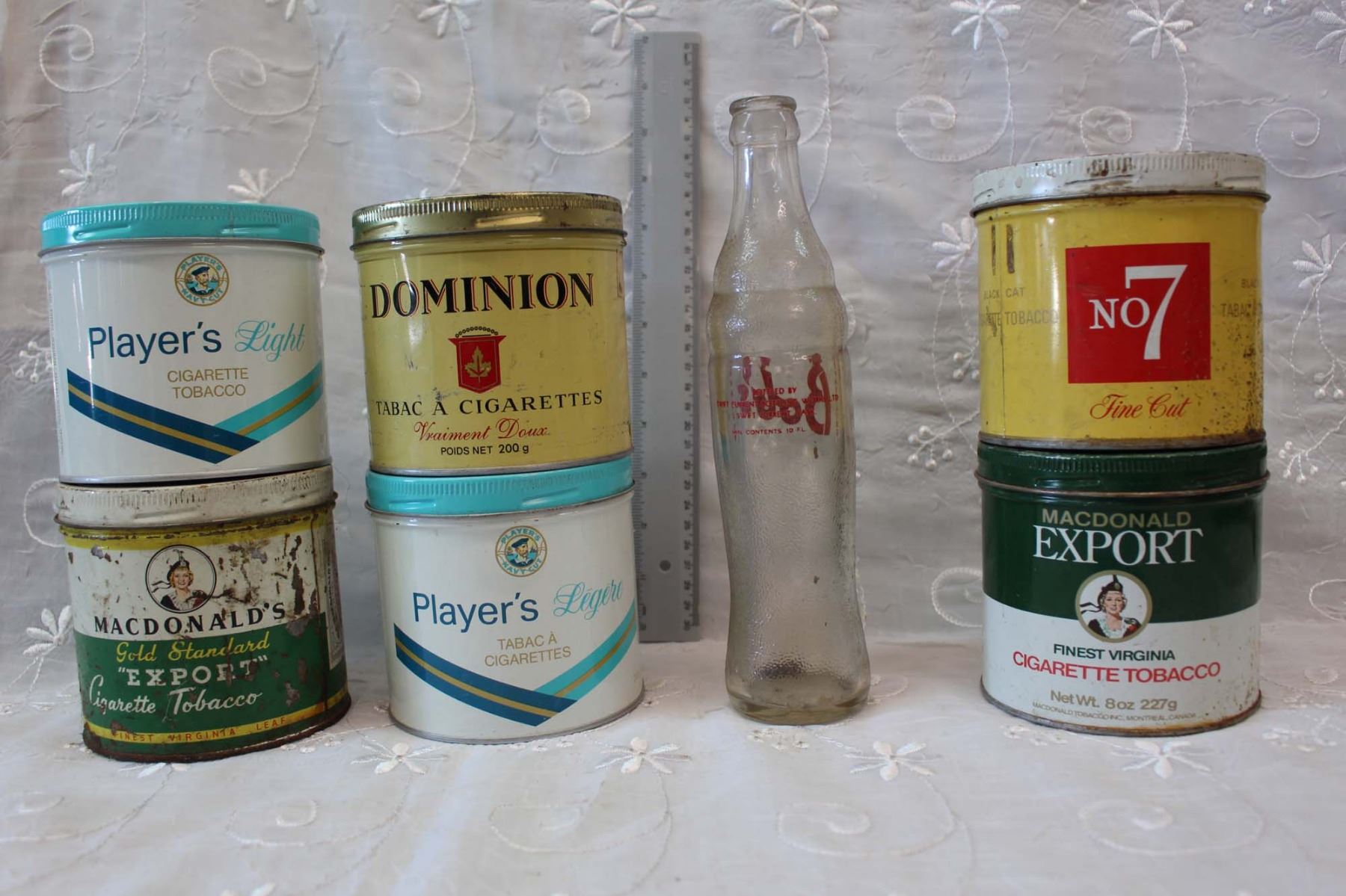 6 Vintage Tins With Vintage Glass Bottle and Frying Pan