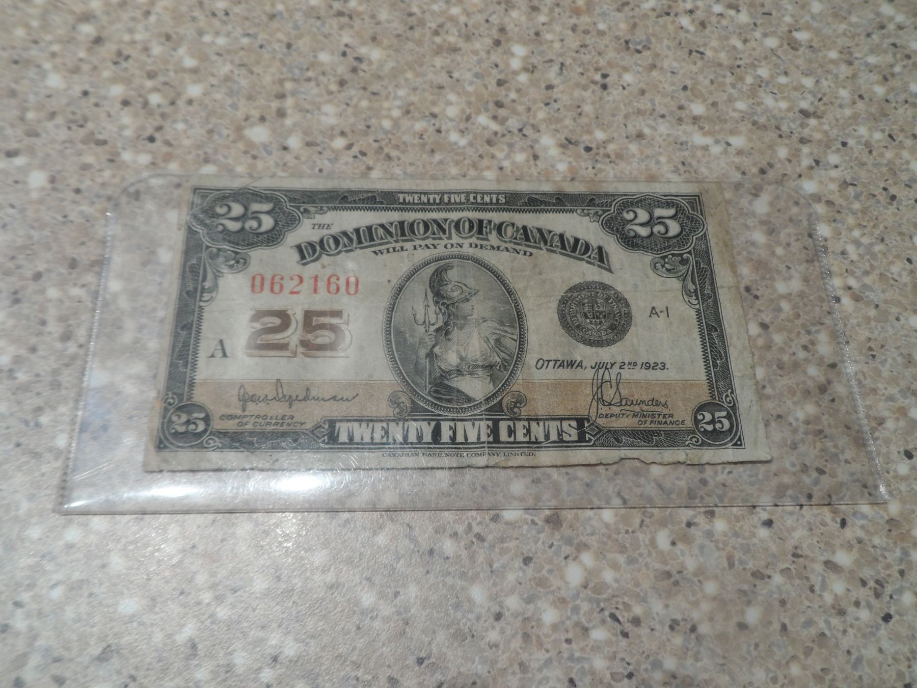 Vintage Currency Bill Lot: $2 1954 Canadian, 25 Cent Bill 1923, Etc