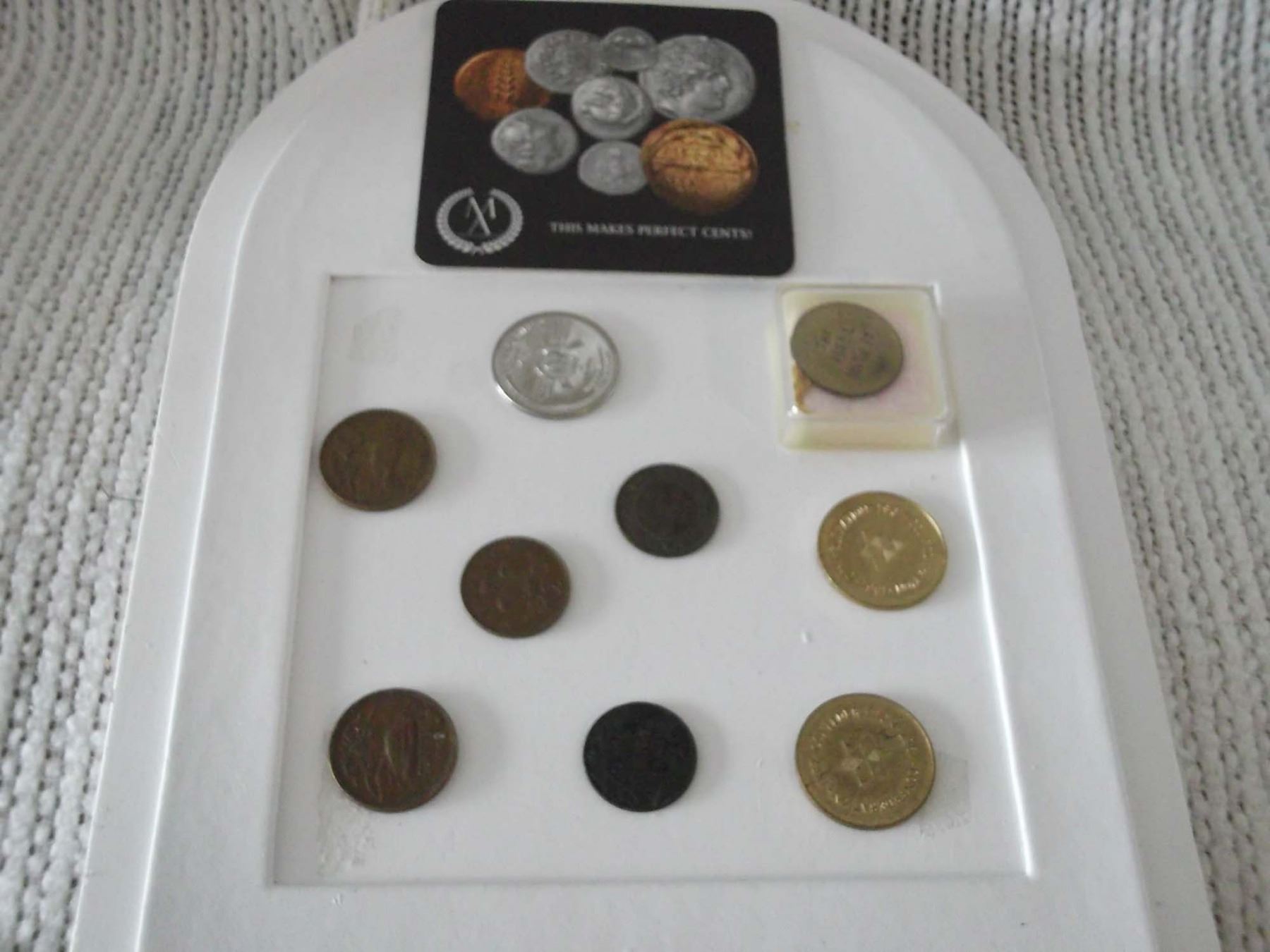 Misc Lot: Foreign Coins & Tokens (9), Pen Set & Cuff Links