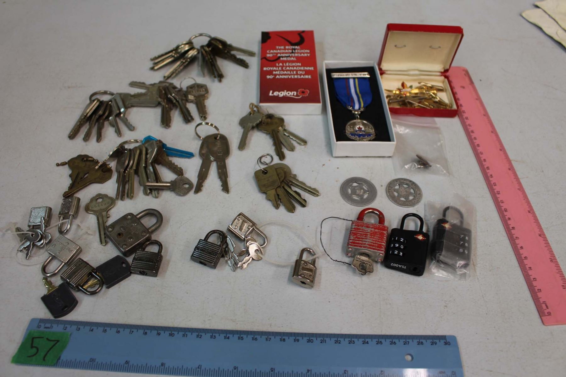 Lot of Tie Clips, Keys, Locks and a Medal